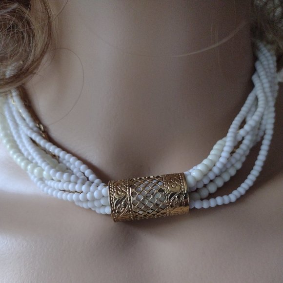 1928 | Jewelry | Unique Choker Of White Ivory Beads With Golden Chains ...